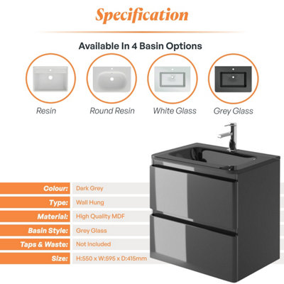 PLUM&CLAY MARVEL GLOSS DARK GREY WALL HUNG BATHROOM VANITY UNIT WITH ...
