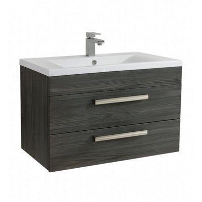 Plum&Clay Novela Dark Wood Wall Hung Vanity Unit with Ceramic Basin (W ...