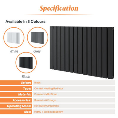 Plum&Clay Porter Black Double Horizontal Flat Panel Radiator (H)600mm ...