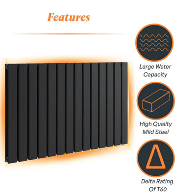 Plum&Clay Porter Black Double Horizontal Flat Panel Radiator (H)600mm ...
