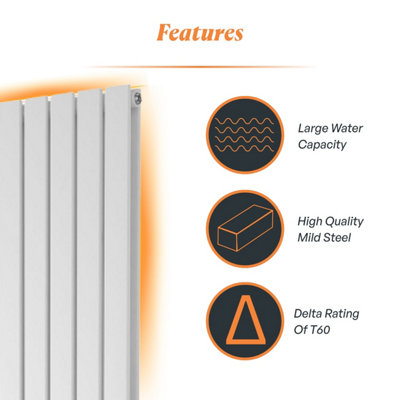 Plum&Clay Porter White Double Vertical Flat Panel Radiator (H)1200mm (W ...