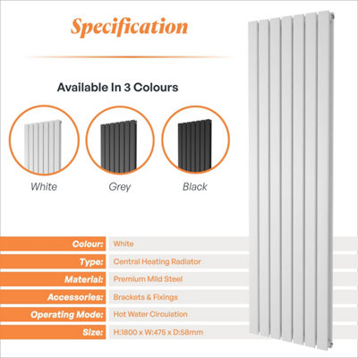 Plum&Clay Porter White Double Vertical Flat Panel Radiator (H)1800mm (W ...