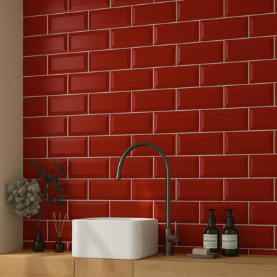 Plum&Clay Red Gloss Metro Ceramic Wall Tile (L)200mm (W)100mm