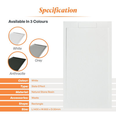 Plum&Clay Trinity Rectangle White Slate Effect Shower Tray (L)1400mm (W ...