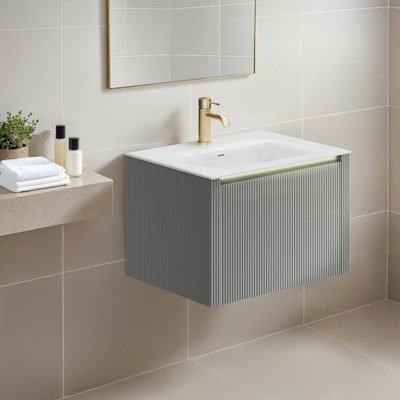 Plum&Clay Zion Fluted Grey Wall Hung Drawer Vanity Unit & Basin Set (W ...