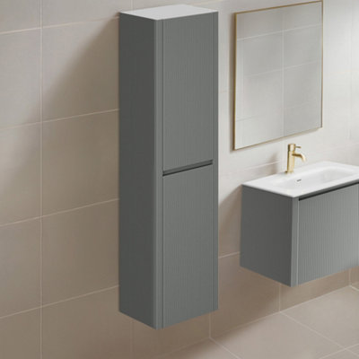 Plum&Clay Zion Fluted Grey Wall Mounted Bathroom Tall Storage Unit