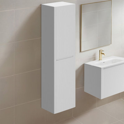 Plum&Clay Zion Fluted White Wall Mounted Bathroom Tall Storage Unit