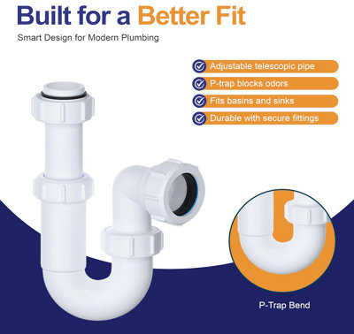 PlumbEZ Adjustable Swivel P Trap with Anti-Slip Ring, Telescopic Sink ...