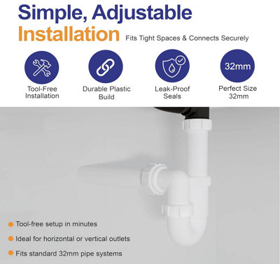 PlumbEZ Adjustable Swivel P Trap with Anti-Slip Ring, Telescopic Sink ...