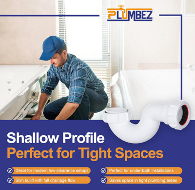 PlumbEZ Shallow P Trap 40mm (1.5") Bath and Shower Trap with Universal ...