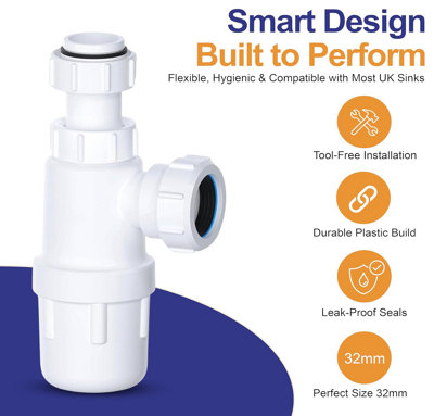 PlumbEZ Telescopic Adjustable Bottle Trap with Anti-Slip Ring, 32mm (1. ...
