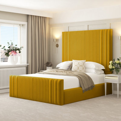 Plush Velvet Aspire Bed Frame with Headboard - Double (Yellow)