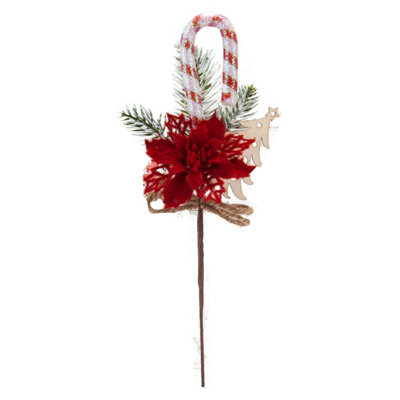 Poinsettia Candy Cane Pick Christmas Decoration Ornament X 1 30cm Red ...
