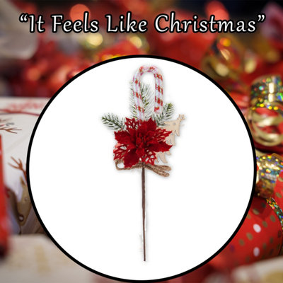 Poinsettia Candy Cane Pick Christmas Decoration Ornament X 1 30cm Red