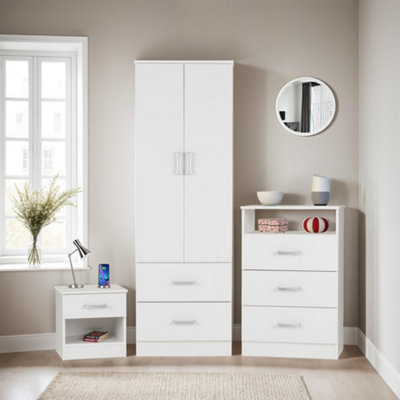 POLAR White 3 Piece Bedroom Set Bedside Chest Wardrobe