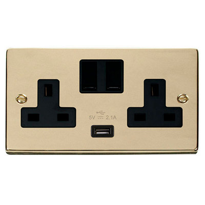 Polished Brass 2 Gang 13A 1 USB Twin Double Switched Plug Socket ...
