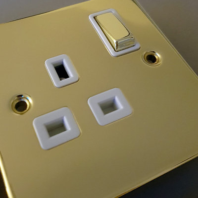 Polished Brass 2 Gang 13A Twin Double Switched Plug Socket - White Trim ...