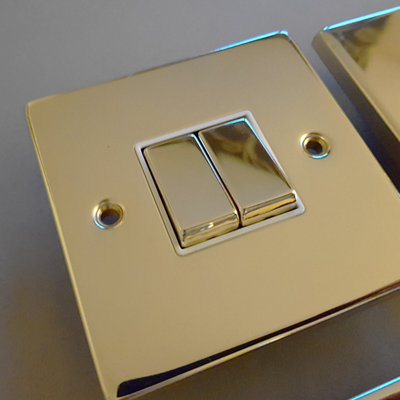 Polished Brass 2 Gang 13A Twin Double Switched Plug Socket - White Trim ...