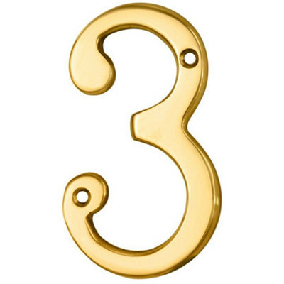 Polished Brass Door Number 3 75mm Height 4mm Depth House Numeral Plaque ...