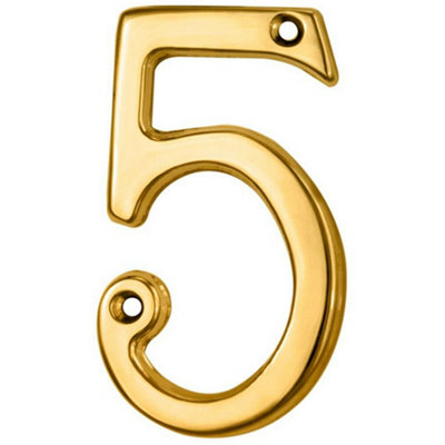 Polished Brass Door Number 5 75mm Height 4mm Depth House Numeral Plaque ...