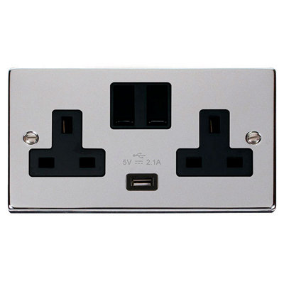 Polished Chrome 2 Gang 13A 1 USB Twin Double Switched Plug Socket ...