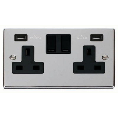 Polished Chrome 2 Gang 13A 2 USB Twin Double Switched Plug Socket ...