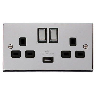 Polished Chrome 2 Gang 13A DP Ingot 1 USB Twin Double Switched Plug ...