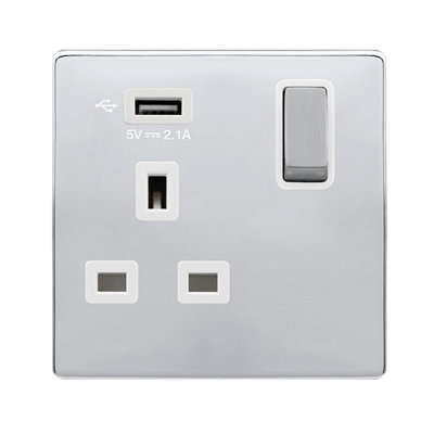 Polished Chrome Screwless Plate 1 Gang 13A DP Ingot 1 USB Switched Plug ...