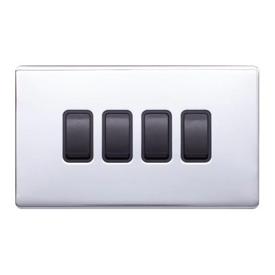 Polished Chrome Screwless Plate 10A 4 Gang 2 Way Light Switch - Black ...