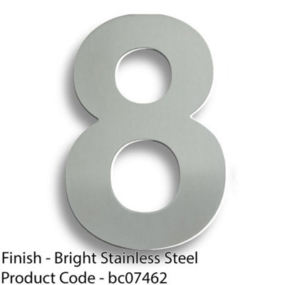 Polished Steel Door Number 8 - Large 178mm Height House Numeral Plaque Sign