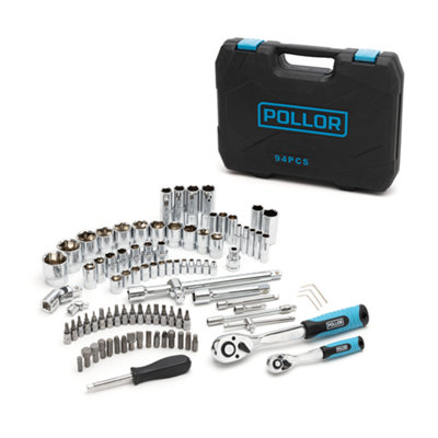 POLLOR 94 Pcs 1/2" & 1/4" Socket Set Ratchet Driver Case Tool Kit Torx Screwdriver 72 Teeth