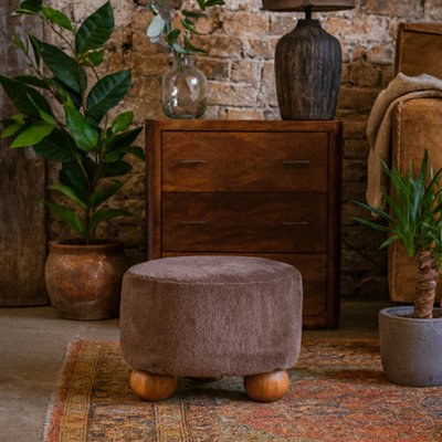Pont Aven Grey Faux Fur Round Footstool with Mango Wood Ball Feet