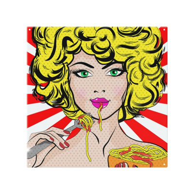 Pop Art Young woman Eating Spaghetti Designer Splash Back designer style
