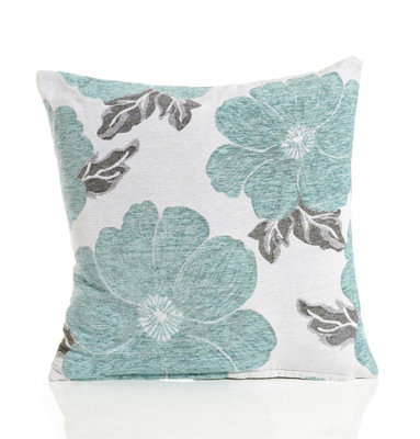 Poppy Luxury Floral Chenille Cushion Blue/Grey