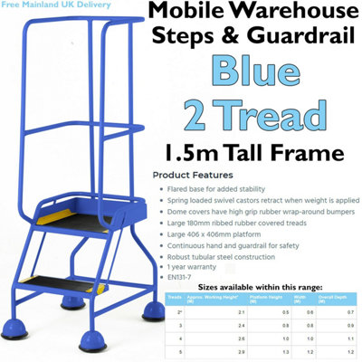 Portable 2 Tread Mobile Warehouse Steps with Guardrail - Blue Safety Stairs