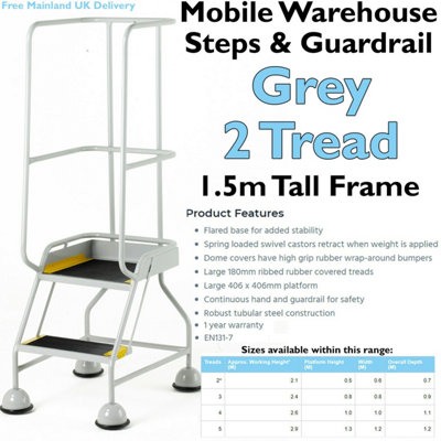 Portable 2 Tread Mobile Warehouse Steps with Guardrail in Grey - Safety ...