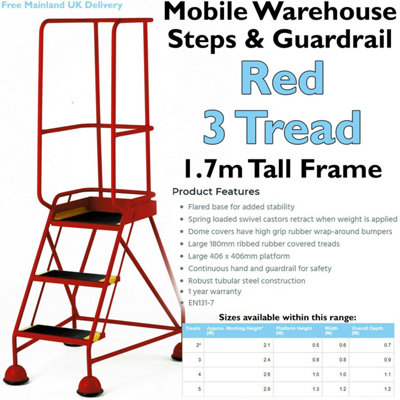 PORTABLE 3 TREAD MOBILE WAREHOUSE STEPS WITH GUARDRAIL IN RED - SAFETY ...
