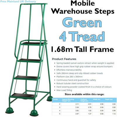 Portable 4 Tread Green Warehouse Steps with Wheels - Safety Ladder 1.68m