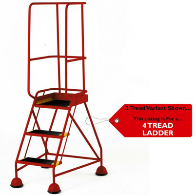 PORTABLE 4 TREAD MOBILE WAREHOUSE STEPS WITH SAFETY GUARDRAIL IN RED