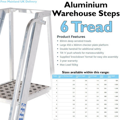 Portable 6 Tread Aluminium Warehouse Steps with Handrail for Safe Access