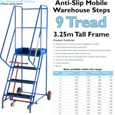 Portable 9 Tread Mobile Warehouse Safety Ladder with Anti-Slip Steps