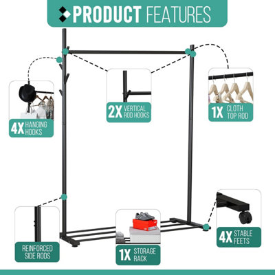 Portable Clothes Rail, Clothes Rack With Storage Shelf, 6 Hooks, Heavy ...