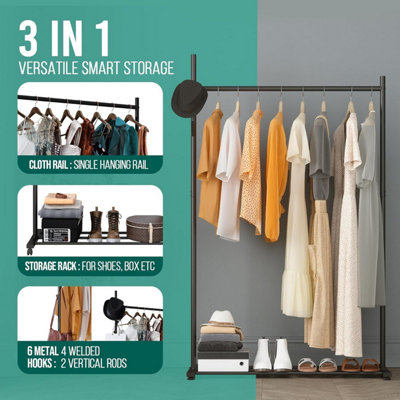 Portable Clothes Rail, Clothes Rack With Storage Shelf, 6 Hooks, Heavy ...