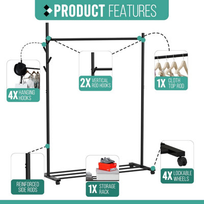 Portable Clothes Rail, Clothes Rack With Storage Shelf, 6 Hooks, Heavy ...