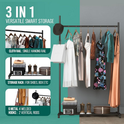 Portable Clothes Rail, Clothes Rack With Storage Shelf, 6 Hooks, Heavy ...