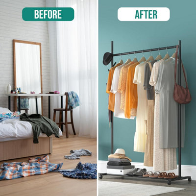 Portable Clothes Rail, Clothes Rack With Storage Shelf, 6 Hooks, Heavy ...