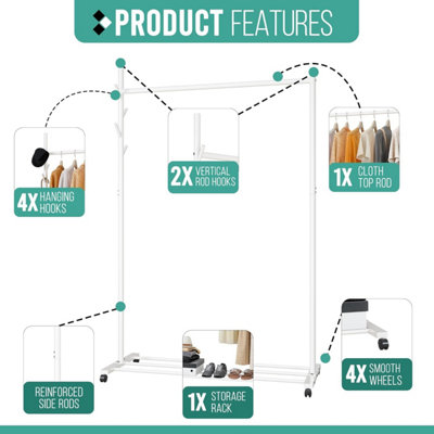 Portable Clothes Rail, Clothes Rack With Storage Shelf, 6 Hooks, Heavy ...