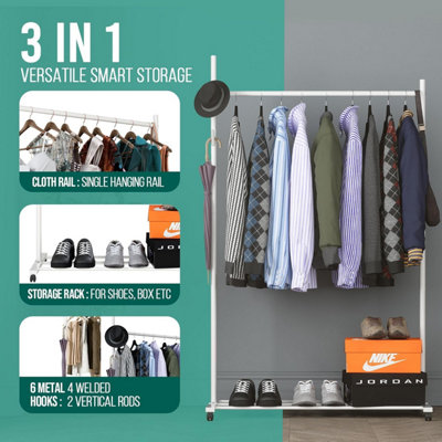 Portable Clothes Rail, Clothes Rack With Storage Shelf, 6 Hooks, Heavy ...