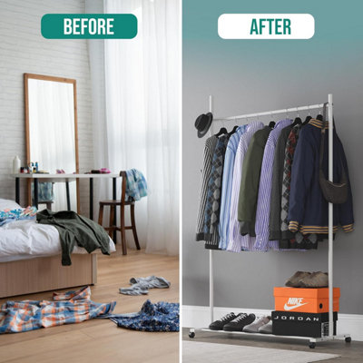 Portable Clothes Rail, Clothes Rack With Storage Shelf, 6 Hooks, Heavy ...