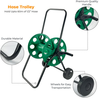 Portable Garden Hose Reel Trolley 60M Free Standing Water Pipe Cart